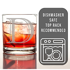 Etched Monogram 11oz Whiskey Rocks Glass (Letter D), A-Z Customized Bourbon Gifts for Men, Personalized Old Fashioned Scotch Glass, Custom Engraved Gifts for Him, Initial, Name, Regalos Personalizados