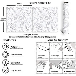 VEELIKE Grey Floral Peel and Stick Wallpaper Boho Breezy Leaves Floral Wallpaper 17.7''x118'' Removable Floral Wallpaper Self Adhesive Grey Contact Paper for Bathroom Walls Cabinets Drawer Liners