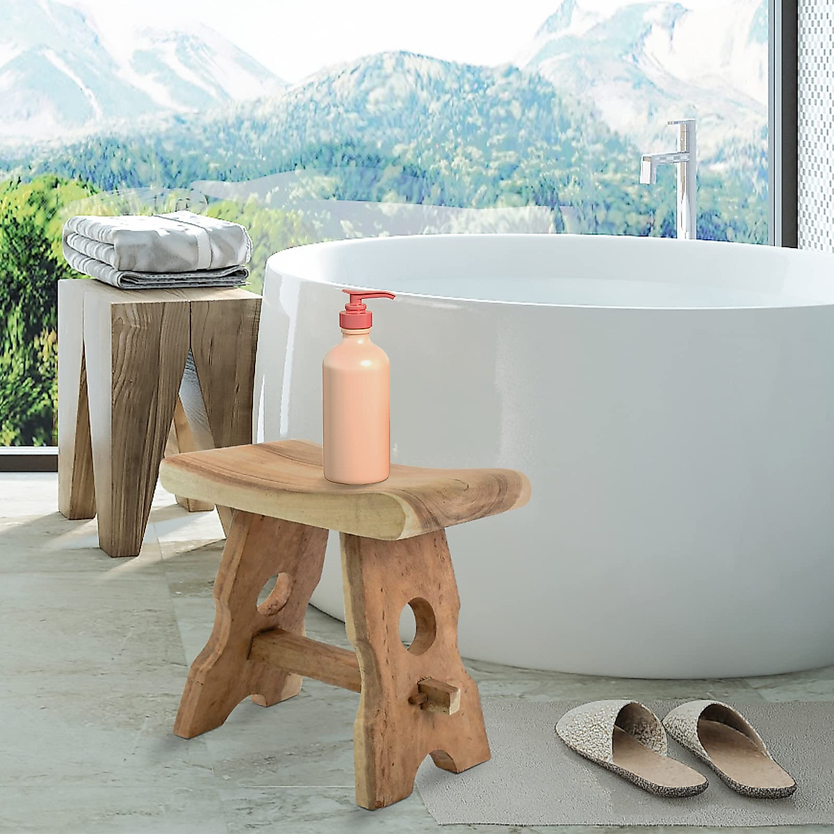 RUN.SE Solid Wood Shower Bench 19" Bathroom Stool Footrest for Bathroom Kitchen Living Room Bedroom Entryway, Fully Assembled (Suar Wood)