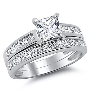 Princess Cut Wedding Ring Sets for Women White Gold 1 Carat Center Moissanite Bridal Sets Wedding Rings Engagement Ring Set Platinum Plated Silver 10K 14K 18K Gold with Text Engraving (14K Gold)