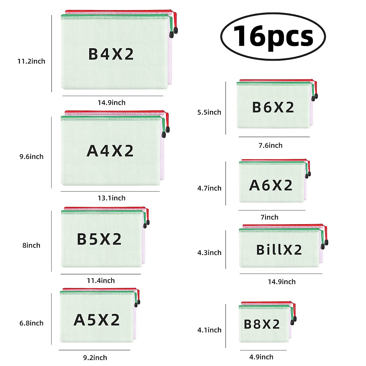 Yclin 16pcs 8 Sizes Mesh Zipper Pouch,Waterproof Zipper Bags,for Board Games Toys Storage, 8 Sizes Waterproof Plastic Document Pouch,for Travel Accessories, Documents Cosmetics School Office Supplies
