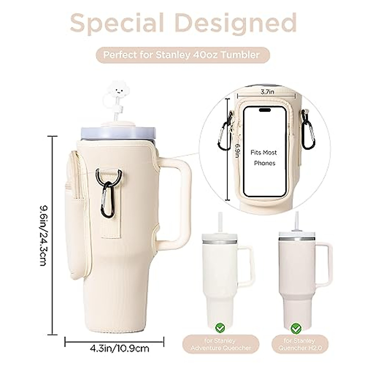 Water Bottle Carrier Bag with Phone Pocket for Stanley 40oz Tumbler with Handle Neoprene Water Bottle Holder Pouch with Adjustable Strap for Stanley Cup Accessories Bollus with Straw Cover & Carabiner