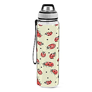 Wusikd Ladybug Water Bottle Tritan BPA-Free Drink and Straw Leakproof Motivational Yellow Drinking Water Bottles with Carrying Strap for Office, Gym, Outdoor Sports