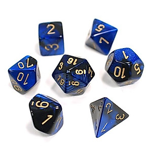 Chessex Dice FBA_26435 Polyhedral 7-Die Gemini Set - Black-Blue with Gold Chx-26435, Multicolor