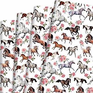 12 Sheets Horse Floral Wrapping Paper Run for The Roses Themed Gift Wrap Paper for Kentucky Derby Party Horse Racing Birthday Party DIY Craft, 19.7 × 27.6 Inch