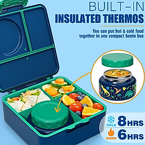 Fimibuke Bento Box for Kids Adult, BPA Free & Leakproof Toddler Lunch Box with 8.5oz Insulated Thermos Food Jar, Utensils & Sauce Jar, Dishwasher Safe 3 or 4 Compartment Container for School Girl Boy