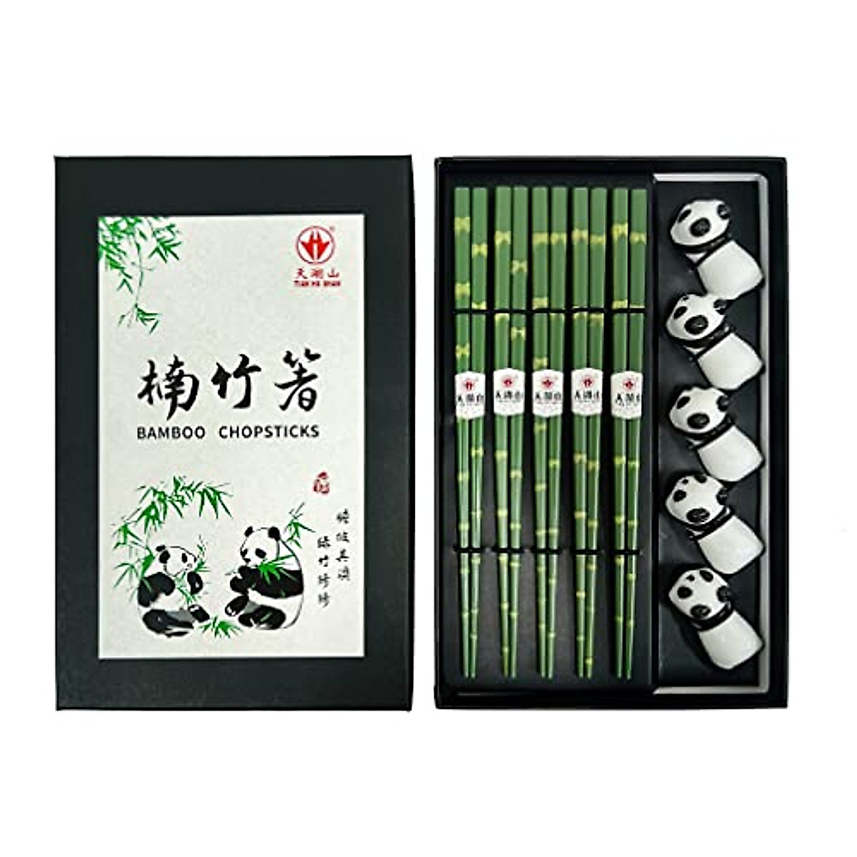 LANHUTHS Wooden Chopsticks Reusable 5 Pairs Gift Set with 5pcs porcelain rest Panda and Green Bamboo Design Hand-Made 8.8 Inch/22.5cm
