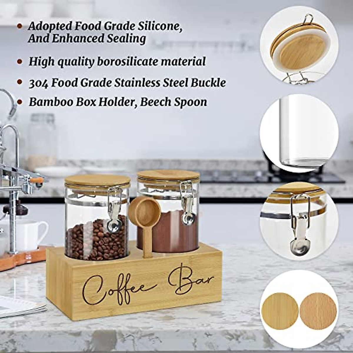 Glass Coffee Canister with 2x48oz Airtight Glass Jars, Coffee Bean Storage, Coffee Storage Container with Shelf and Lids Scoop, Kitchen Food Storage Jars, Coffee Container for Ground Coffee, Sugar