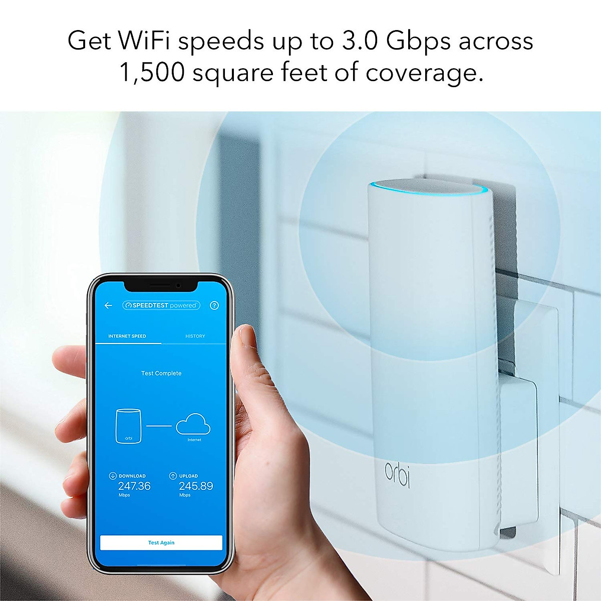 NETGEAR Orbi Wall-Plug Whole Home Mesh WiFi Satellite Extender - works with your Orbi router to add 1,500 sq. feet of coverage at speeds up to 2.2 Gbps, AC2200 (RBW30)