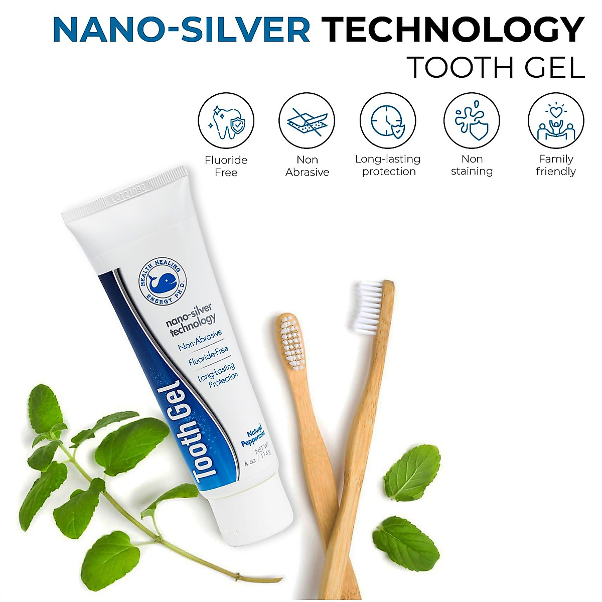 Toothpaste Gel Nano Silver Technology - Fluoride Free, SLS Free, Non-Abrasive, No BPA, Non-staining, Family Friendly, Promotes Fresh Breath and Mouth, Natural, Peppermint, 4oz