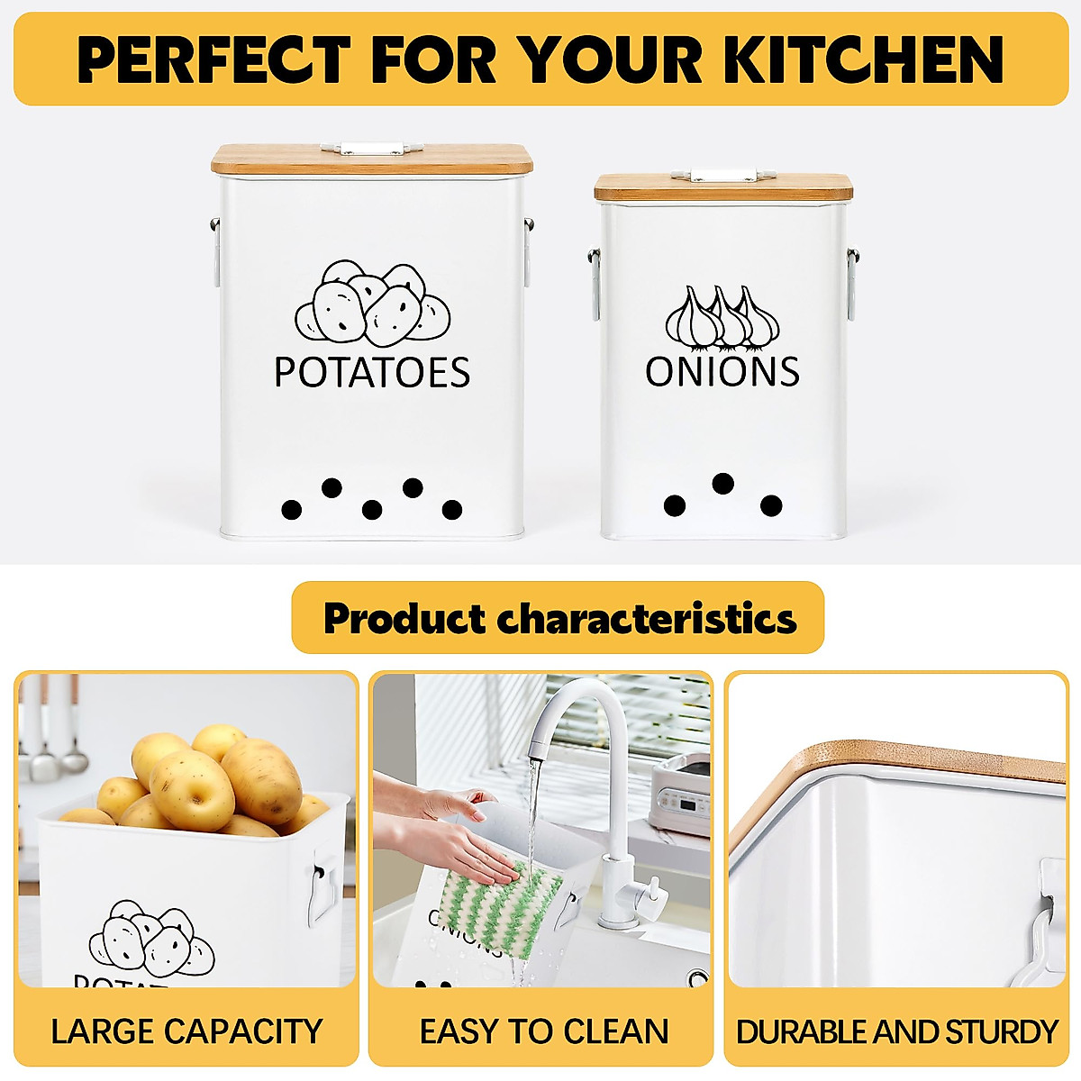 Potato and Onion Storage Bin, Set of 2 Vegetable Storage Tins with Wooden Lids & Side Handles, Dual-row Ventilation Holes, Farmhouse Metal Kitchen Canisters Sets, White