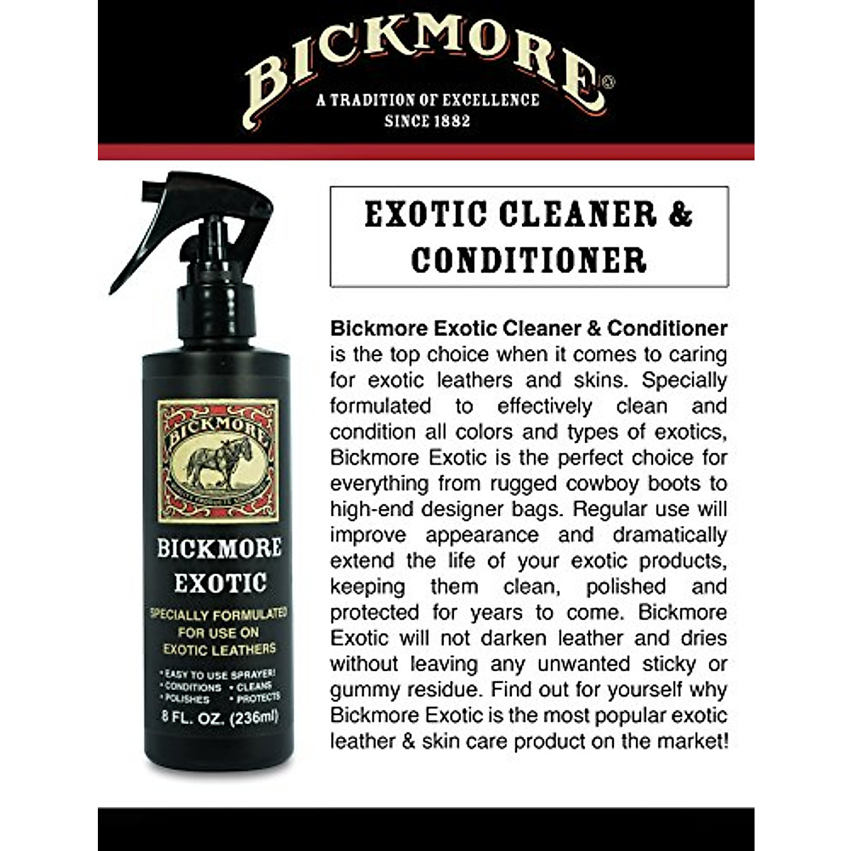 Bickmore Exotic 8oz - Specially Formulated Leather Spray Used to Clean Condition Polish and Protect Exotic Leathers & Reptile Skins