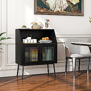 COSTWAY Buffet Cabinet, Kitchen Sideboard Cupboard with Open Compartment, Tempered Glass Doors & Anti-Tipping Kit, Modern Bar Storage Cabinet for Dining Room, Living Room & Entryway, Hallway, Black