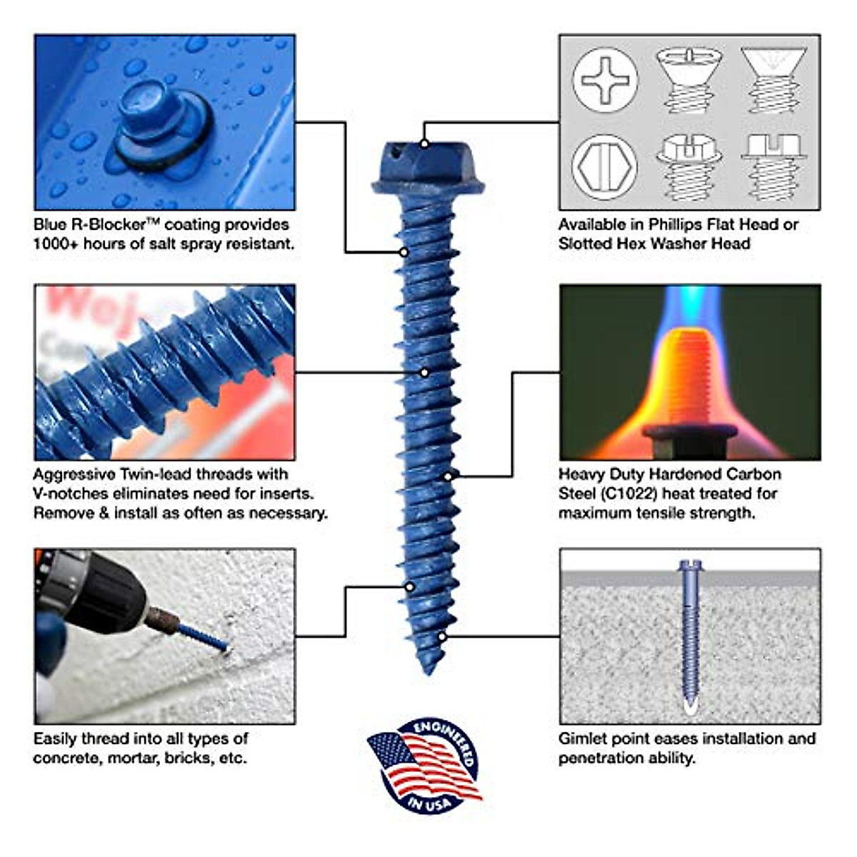Wej-It Wej-Con Concrete Screws,1022 Heat Treated Carbon Steel, Blue R-Blocker Finish (3/16" x 1-1/4", Hex Head)