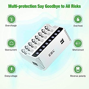 EBL 8 Bay AA AAA Battery Charger with Discharge Function for AA AAA Ni-MH Ni-CD Rechargeable Batteries - with LCD Display and 2 USB Output Port
