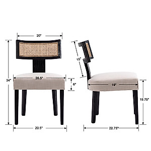 Wahson Set of 4 Cane Back Farmhouse Kitchen & Dining Room Chairs, Retro Linen Upholstered Dining Chair with Black Hardwood Legs, Beige