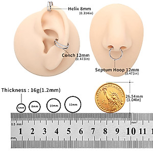 VOJO G23 Titanium 16G Cartilage Septum Hoop Piercing Jewelry Double Row Plated CZ Beads Conch Nose Rings Tragus for Women Men (12mm/0.472in, CZ Silver)