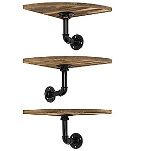 MyGift Wall Mounted Floating Corner Shelves, Rustic Burnt Solid Wood Rounded Corner Shelf with Black Metal Pipe Mounting Brackets, Set of 3