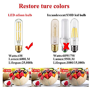 Arberlic 5 Inch T10 LED Bulb,6W Tubular Light Bulb Equivalent E26 led Bulb 60 watt dimmable,Warm White 2700K,600lm,CRI85+,AC120V,Edison Style,Clear Glass,Flicker Free,Pack of 6