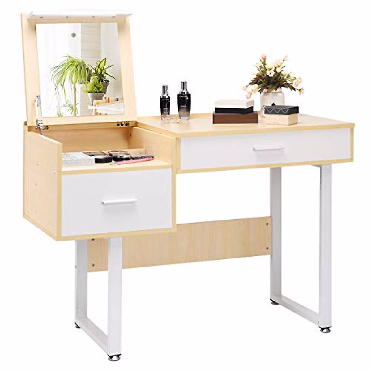 CHARMAID Makeup Table Writing Desk with Flip Top Mirror, Vanity Table with 5 Storage Compartments, Dressing Table Computer Laptop Desk with 2 Large Drawers for Students Girls Women