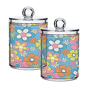 xigua Colorful Flowers 2 Pack Qtip Holder Dispenser with Lid,Apothecary Jars Plastic Cotton Swabs Cans Clear Bathroom Storage Canister for Cotton Ball, Cotton Swab, Cotton Round Pads, Floss