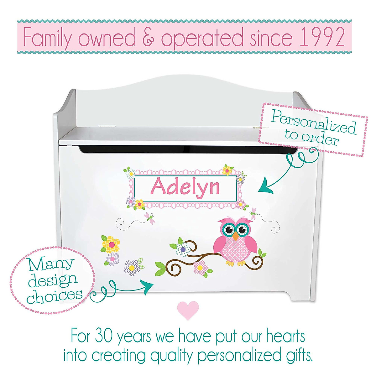 My Bambino Personalized Toy Box Bench Woodland Forest Animals White Wooden Toy Bin with lid - Chest for Toys Storage and added Nursery Playroom Bedroom Decor Seat Organizer