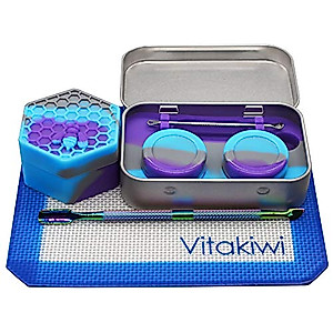 Vitakiwi Silicone Wax Carving Travel Kit with 5ml 26ml Honeybee Concentrate Containers + 5.2" Rainbow Tool + 5.9"×4.9" Mat + Tin Carrying Box (Purple Blue Grey)
