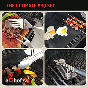18” BBQ Grilling Tools Set - Heavy Duty – Extra Thick Quality Stainless Steel - Spatula | Fork | Tongs | Grill Cleaning Brush | Bonus 0.39mm Barbecue Grill Mat