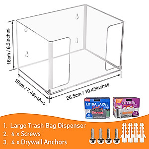 SEANADO Extra Large Trash Bag Dispenser Roll Holder, Wall Mount Acrylic Kitchen Cabinet Organizer Storage Box Holder for Garbage Bag Grocery Plastic Shopping Bag Container (10.4 x 7.5 x 6.3 inches)