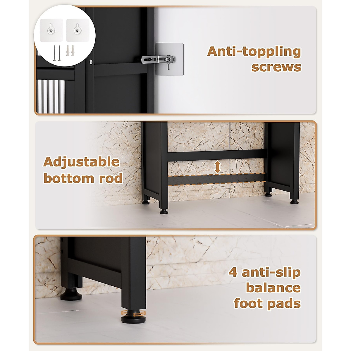 Cozivolife Over The Toilet Storage Cabinet with Drawer and Flip Door,Bamboo Bathroom Organizer Shelf with Anti-Tip Design and Waterproof Feet Pad,Freestanding Rack Above Toilet Space Saver (Black)