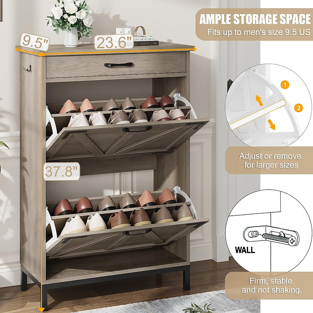 Shoe Cabinet Storage for Entryway Hidden Shoes Storage Cabinet Farmhouse Narrow Shoe Organizer Cabinet with 2 Flip Drawers, Free Standing Slim Shoe Cabinet for Door Entry, Foyer, Hallway, Grey