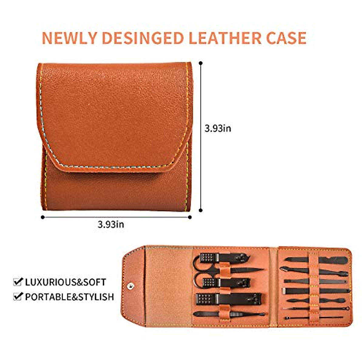 Tirdkid Gift for Man/Woman Nail Clipper Set, Manicure Set,fingernail clippers kit, Sharp Black Stainless Steel Pedicure and Manicure kit with PU Leather Case（Brown 12 In 1）