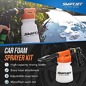 SwiftJet Car Wash Foam Gun + Microfiber Wash Mitt - Car Foam Sprayer - Foam Cannon Garden Hose - Spray Foam Gun Cleaner - Car Wash Kit - Car Accessories for Men - Snow Foam Blaster