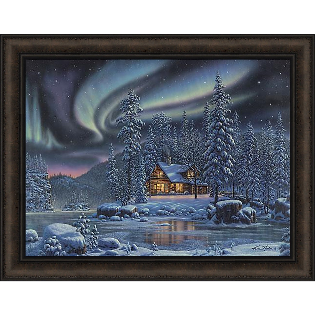 Rivers of Life, Aurora Bliss and Fire & Ice Trilogy by Kim Norlien 3 Framed Print Grouping Northern Lights Wolves Log Cabin Winter Full Moon Stars Campfire Art Print Pictures