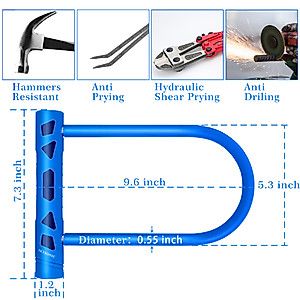 SKYSONIC Bike Lock Heavy Duty Bike U Lock with Cable 14mm Shackle and 12mm x1.5m Cable and Sturdy Mounting Bracket for Mountain Bike Fold Bike Road Bike（Navy Blue）