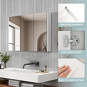 Giantex Bathroom Medicine Cabinet with Mirror - Extra Large Wall Mounted Cabinet with 3 Frameless Mirrored Doors, 2 Adjustable Shelves, 36” x 25.5” Recessed or Surface Mount Bathroom Cabinet