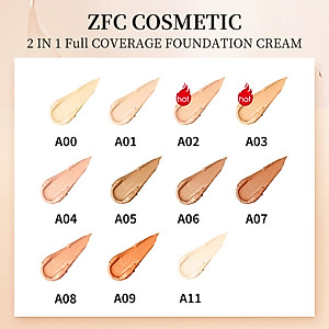 ZFC Foundation Makeup Concealer, Medium-to-Full Coverage Foundation Cream, Long Lasting Waterproof Up to 12HR Hybrid Setting Powder