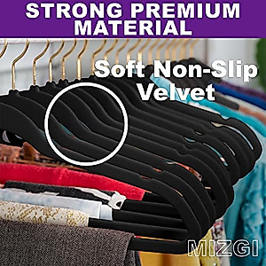 MIZGI Premium Velvet Hangers Pack 50 Pcs Heavy Duty - Non Slip Slimline - Velvet Suit Hangers Black - Gold Hooks,Space Saving Clothes Hangers …
