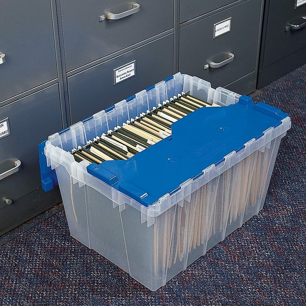 Akro-Mils 12 Gallon KeepBox File Box Plastic Stackable Storage Container with Hinged Attached Lid and Rails for Hanging File Folders, 21-Inch L x 15-Inch W x 12-Inch H, Clear/Blue