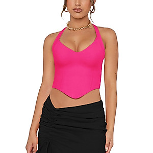 REORIA Women's Summer Sexy Halter V Neck Sleeveless Backless Y2K Trendy Crop Tank Tops for Going Out Neon Rose Red Medium