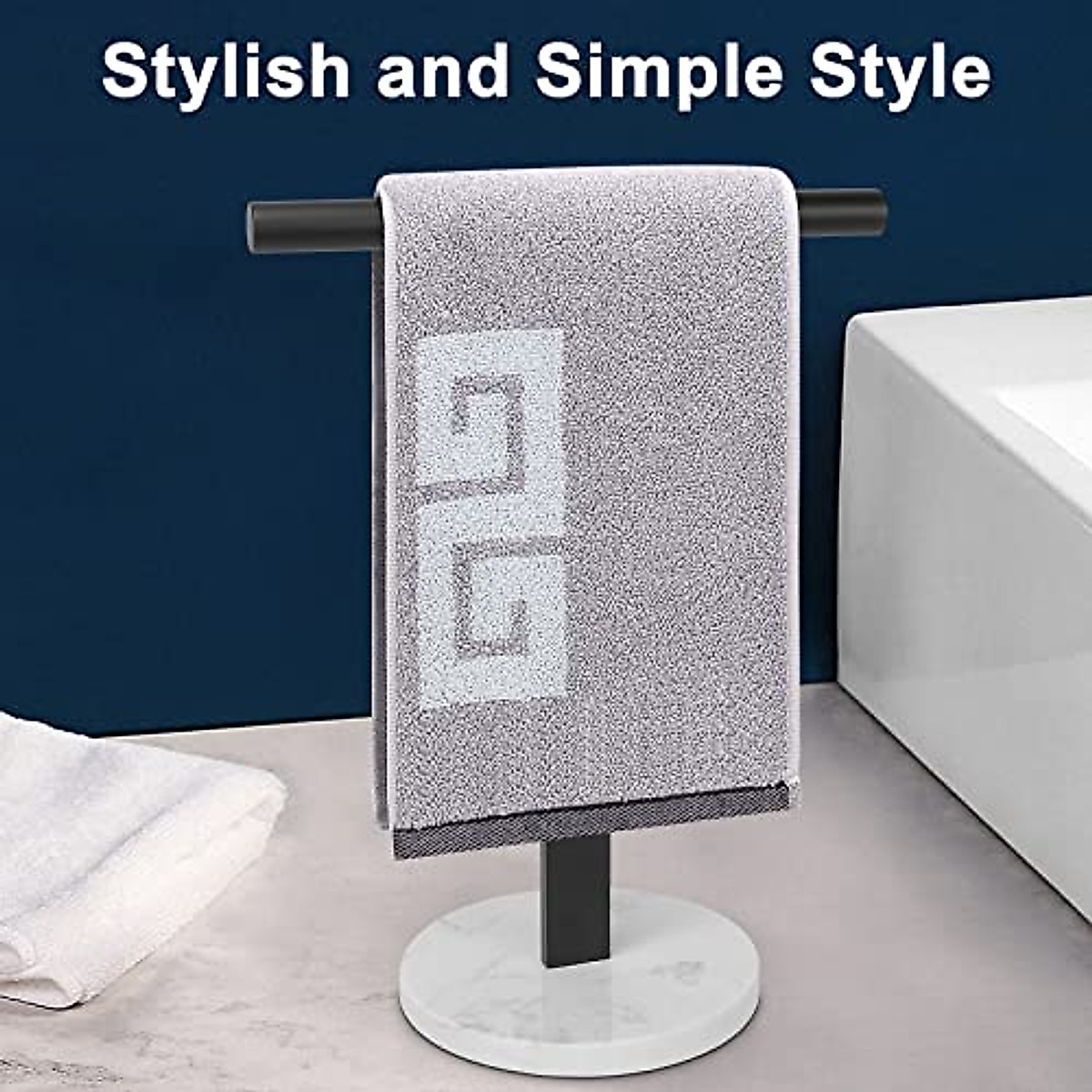 NearMoon T-Shape Hand Towel Holder-Bathroom Towel Rack-Stand with Balanced Base Towel Bar for Bathroom Kitchen Vanity Countertop, Modern Stand Towel Ring (Marble Base, Black)