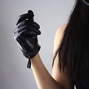 DooWay Short Black Touchscreen Real Leather Gloves, Imported Goatskin Leather Tassel Zipper Unique Pop Finger Gloves,size M