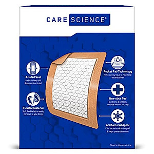 Care Science Antibacterial Fabric Adhesive Pad Bandages, 3x4 inches Extra Large Flexible Non-Stick Strip, Helps Prevent Infection, Breathable Protection, for First Aid & Wound Care, 30 Count