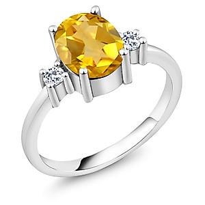 Gem Stone King 925 Sterling Silver Oval Yellow Citrine and White Topaz Women's 3-Stone Ring (1.31 Cttw, Gemstone Birthstone, Available In Size 5, 6, 7, 8, 9)