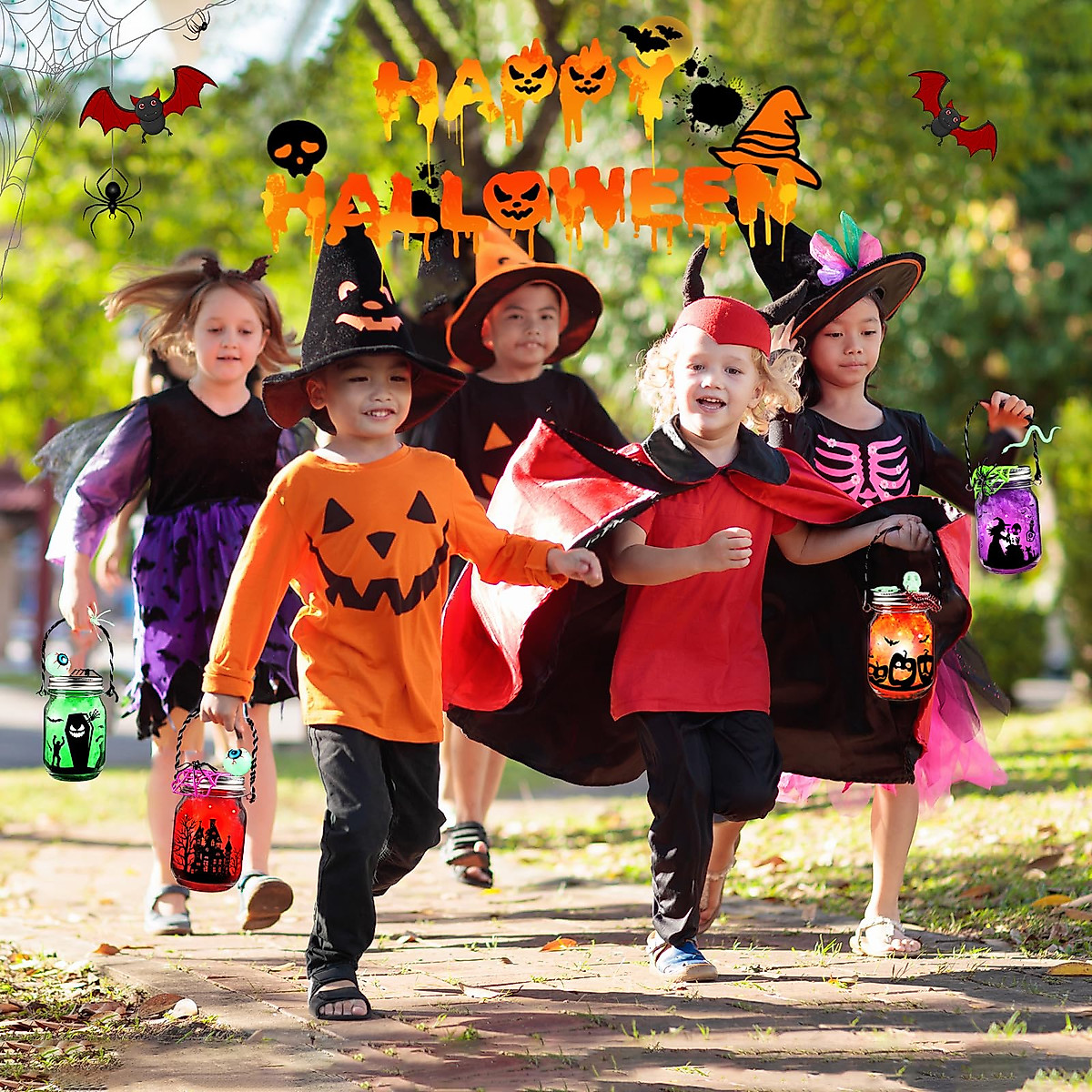Halloween Crafts for Kids, 4 PCS Halloween Mason Jar with Accessories for DIY Craft, Halloween Art Party Favor Supplies, Halloween Decoration Trick or Treating, Classroom Halloween Art Activities