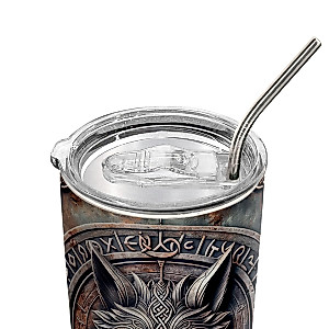 20oz Viking Celtic Warrior Wolf Tumbler, Norse Mythology, Viking Gifts for Men, Coffee Thermos for Men, Stainless Steel Double Wall Vacuum Insulated Coffee Mug, Travel Cup with Lid