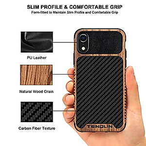 TENDLIN Compatible with iPhone XR Case Wood Grain with Carbon Fiber Texture Design Leather Hybrid Slim Case Compatible with iPhone XR (Carbon & Leather & Wood)