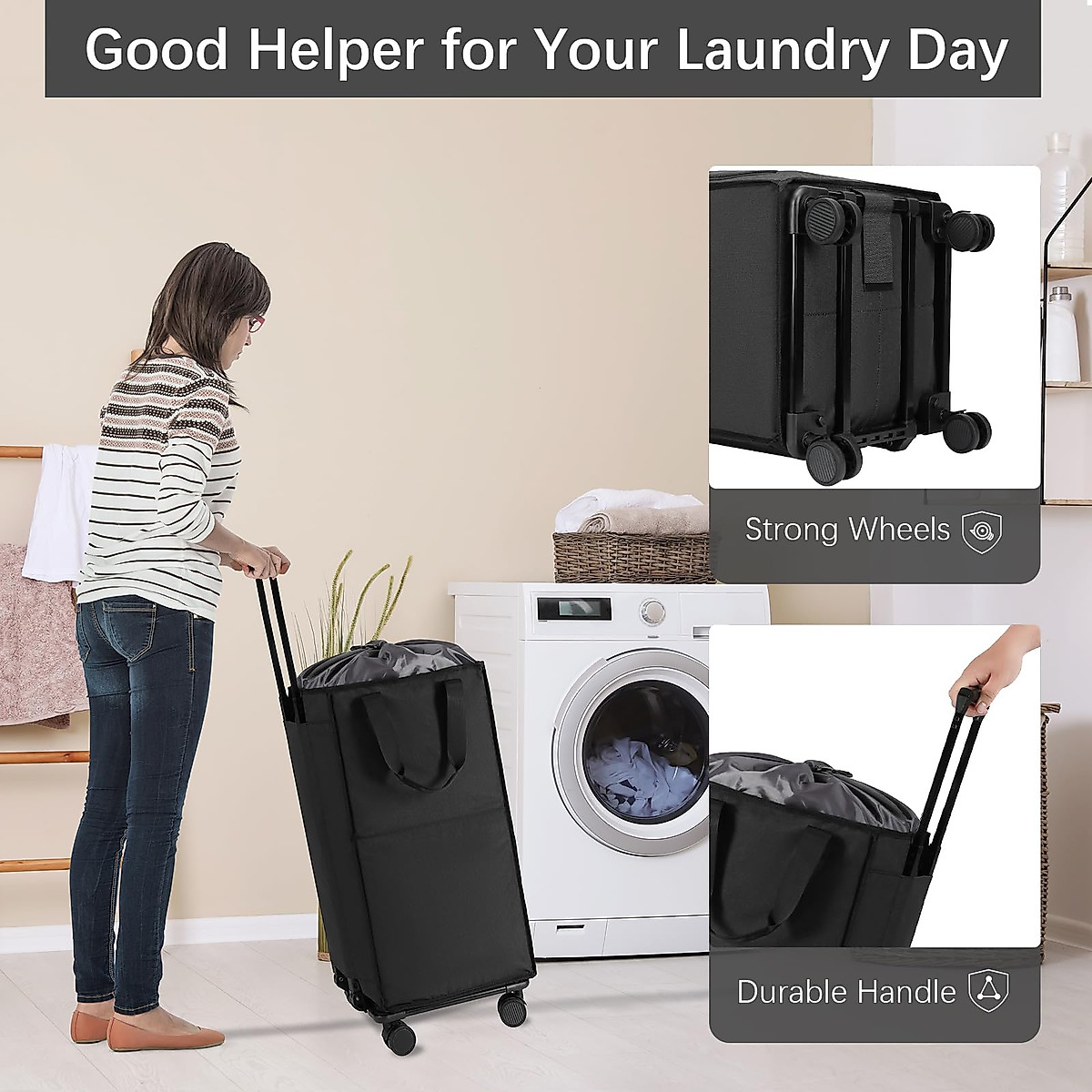 Bukere Extra Large Rolling Laundry Basket with Wheels, 90L Freestanding Collapsible Laundry Hamper Bag for Clothes Storage, Removable Wheeled Cart for College Dorm Apartment Laundry Room Bathroom