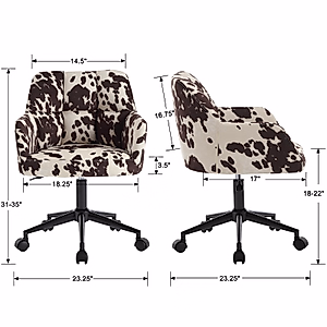 BESTANO Cow Print Velvet Desk Chair Office Chair with Mid Back Support Armrest, Adjustable-Height 360° Swivel Chair with Wheels Rolling Task Chair Home Office Modern Vanity Chair, Cow Print