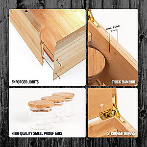 CraftSaints Bamboo Storage Box with Rolling Tray, Large Wooden Container Brush & 3 Airtight Jars, Improved Design with Increased Durability. Complete Kit for Herbs & Accessories